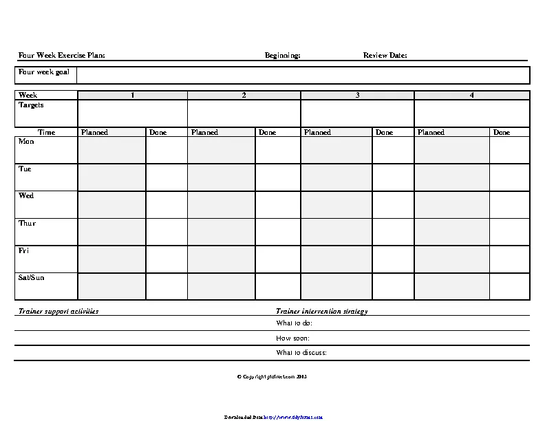 Four Week Exercise Plan Template - PDFSimpli