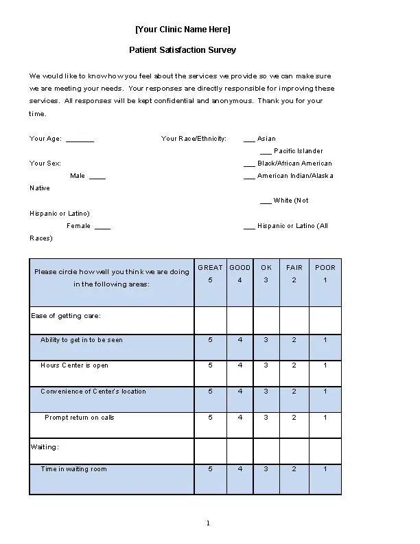 Free Sample Patient Satisfaction Survey Download - PDFSimpli