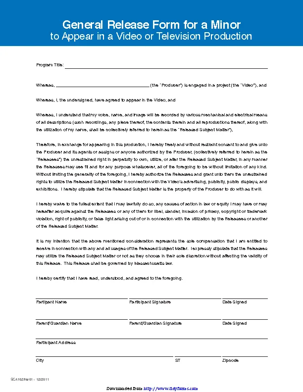General Release Form For A Minor - PDFSimpli