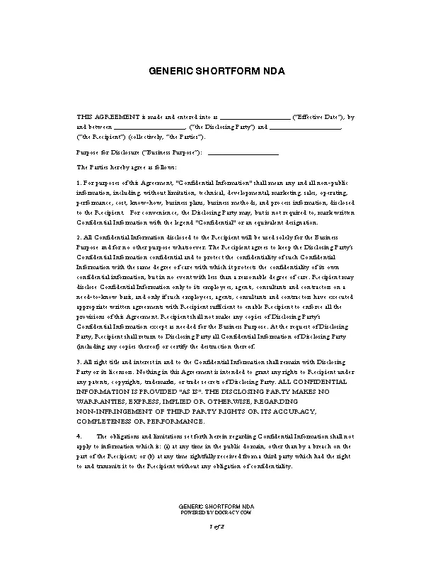 Generic Simple Non Disclosure Agreement Pdf Forms - PDFSimpli