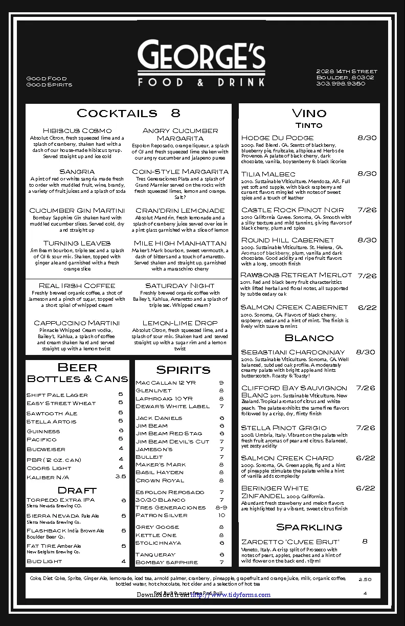 Georges Drink Menu Template Boulder Theater - PDFSimpli