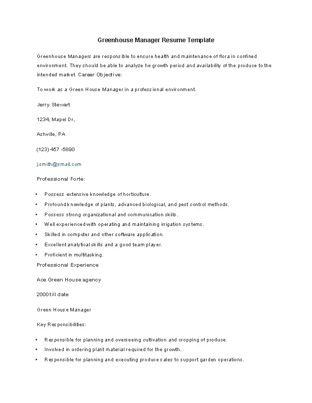 Greenhouse Manager Resume Template PDFSimpli