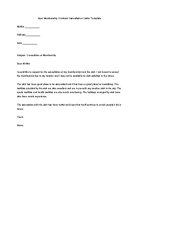 Gym Membership Contract Cancellation Letter Template Word Format