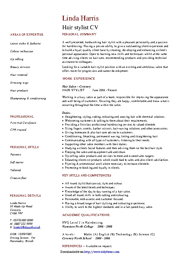 Hair Stylist Cv Sample - PDFSimpli