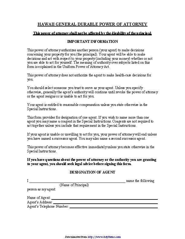 Hawaii General Durable Power Of Attorney Form - PDFSimpli