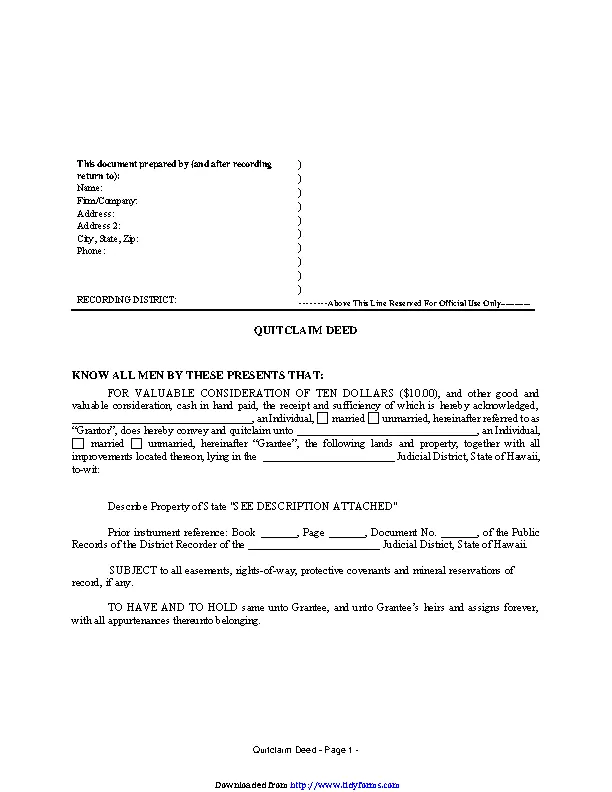 Hawaii Quitclaim Deed Form - PDFSimpli