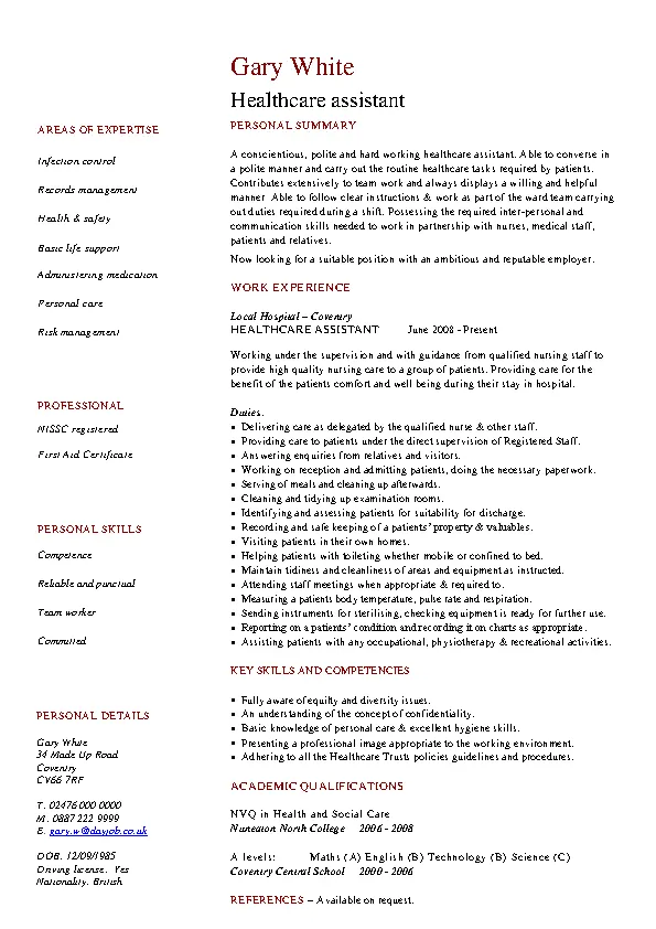 Healthcare Assistant Cv Template PDFSimpli