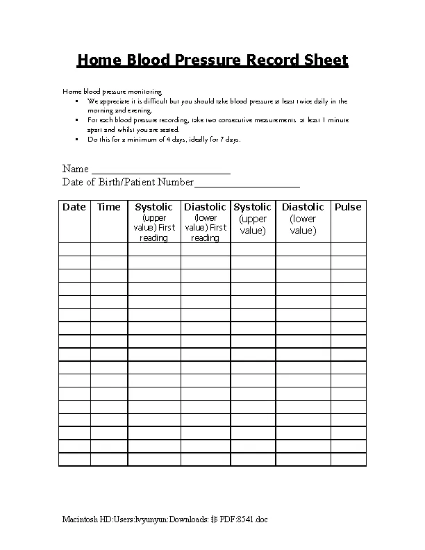 Home Blood Pressure Record Sheet PDFSimpli
