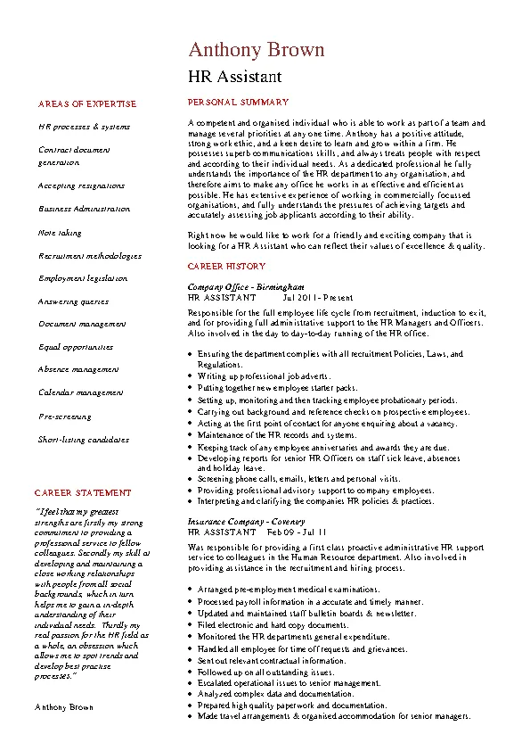 Hr Assistant Cv Template - PDFSimpli