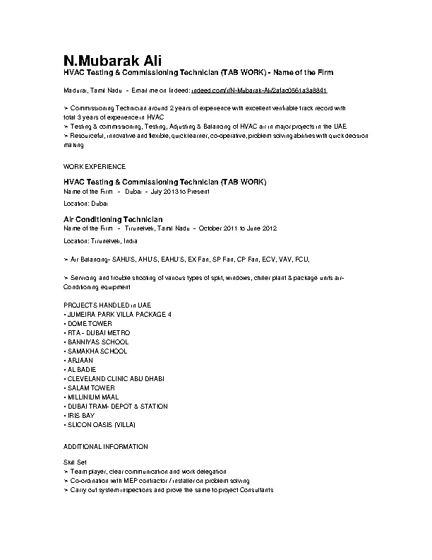 Hvac Testing Commissioning Technician Resume Free Pdf - PDFSimpli