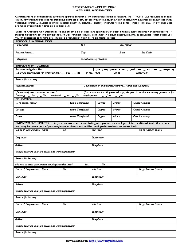 Ihop Employment Application New Hire Information - PDFSimpli