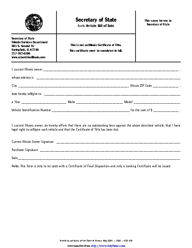 Illinois Junk Vehicle Bill Of Sale - PDFSimpli