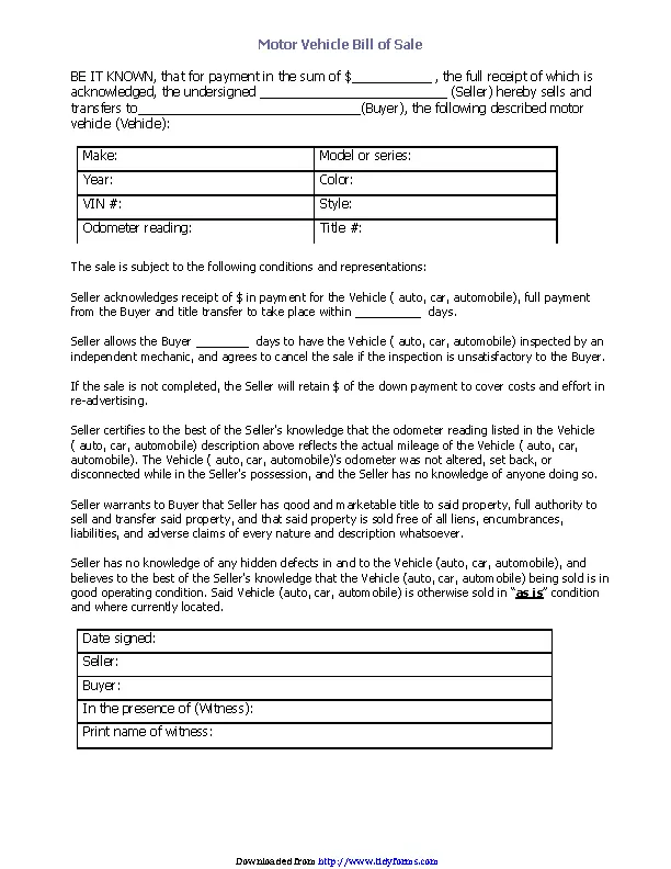 Illinois Motor Vehicle Bill Of Sale Form PDFSimpli