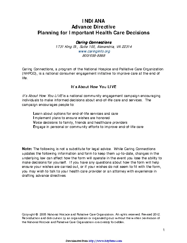 Indiana Advance Health Care Directive Form 1 - PDFSimpli