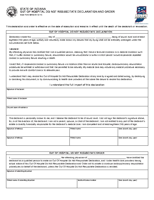 Indiana Do Not Resuscitate Form - PDFSimpli