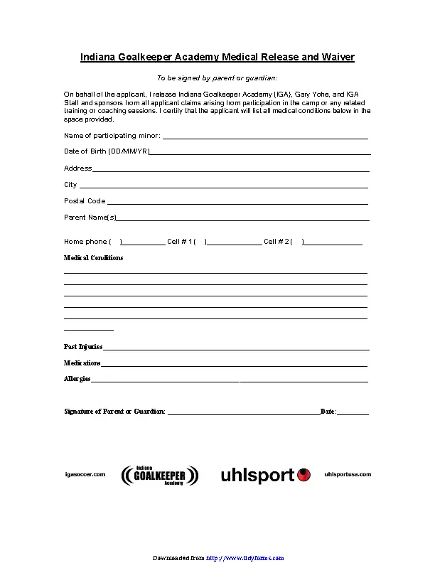 Indiana Goalkeeper Academy Medical Release Form - PDFSimpli