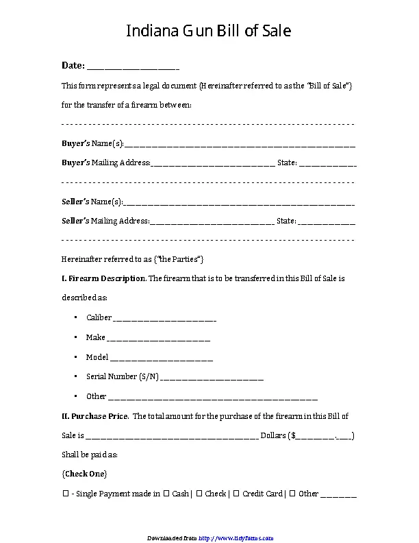 Indiana Gun Bill Of Sale - PDFSimpli