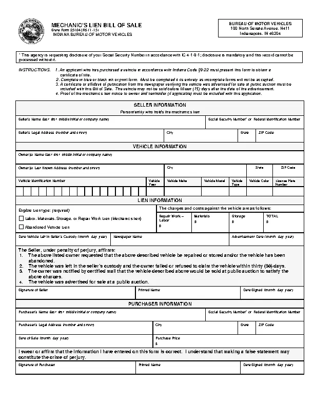 Indiana Mechanics Lien Bill Of Sale 23104 - PDFSimpli