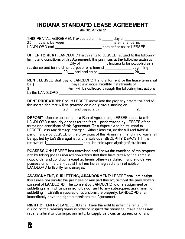 indiana standard residential lease agreement - PDFSimpli