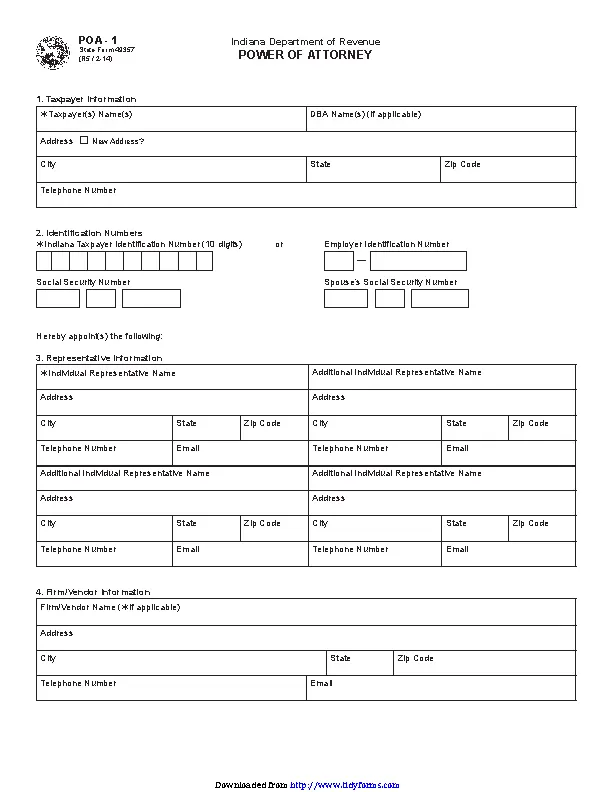 Indiana Tax Power Of Attorney Form 2 - PDFSimpli