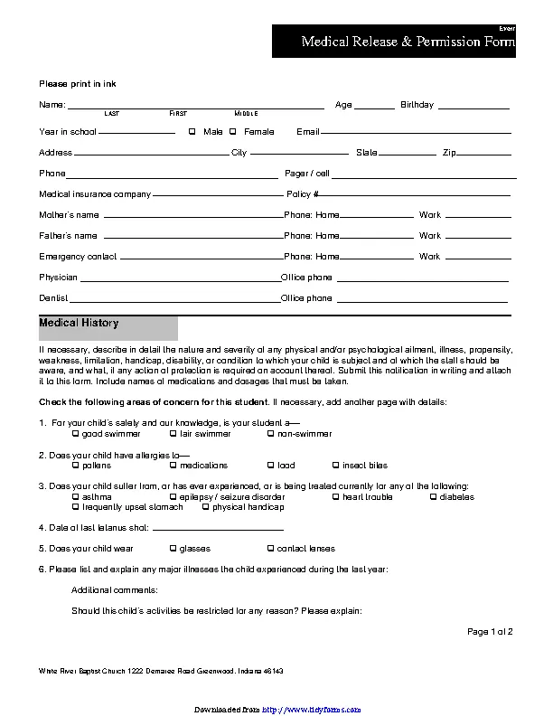 Indiana Youth Medical Release Form - PDFSimpli