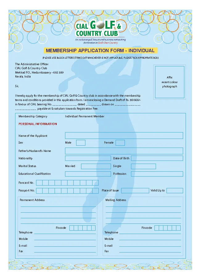 Individual Club Member Application Form Sample Download - PDFSimpli