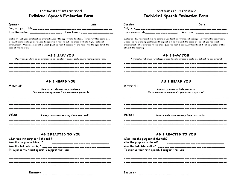 Individual Speech Toastmasters Evaluation Form Template Download 