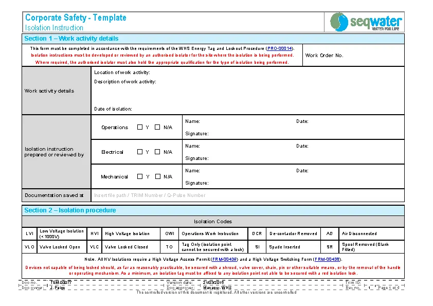 Isolation Work Instruction Template - PDFSimpli