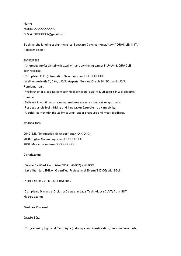 Java Developer Resume For Fresher - PDFSimpli