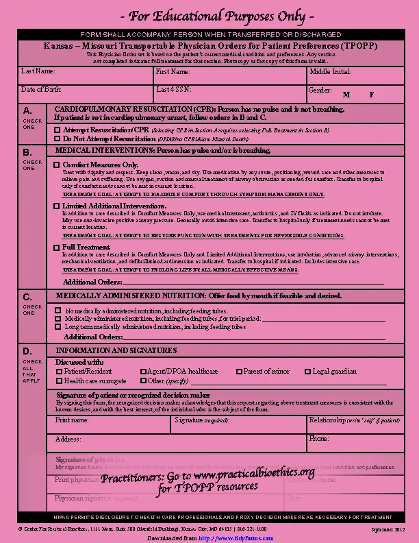 Kansas Transportable Physician Orders For Patient Preferences Tpopp ...