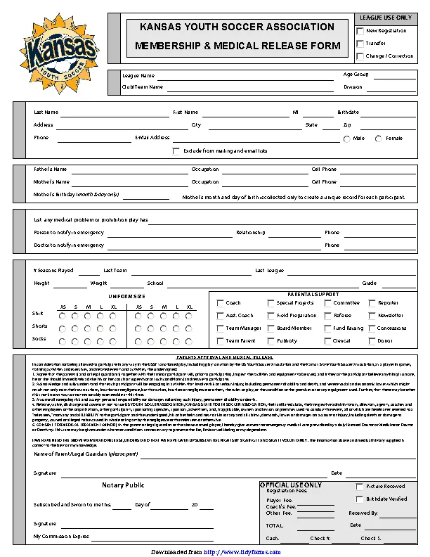 Kansas Youth Soccer Association Membership And Medical Release Form ...