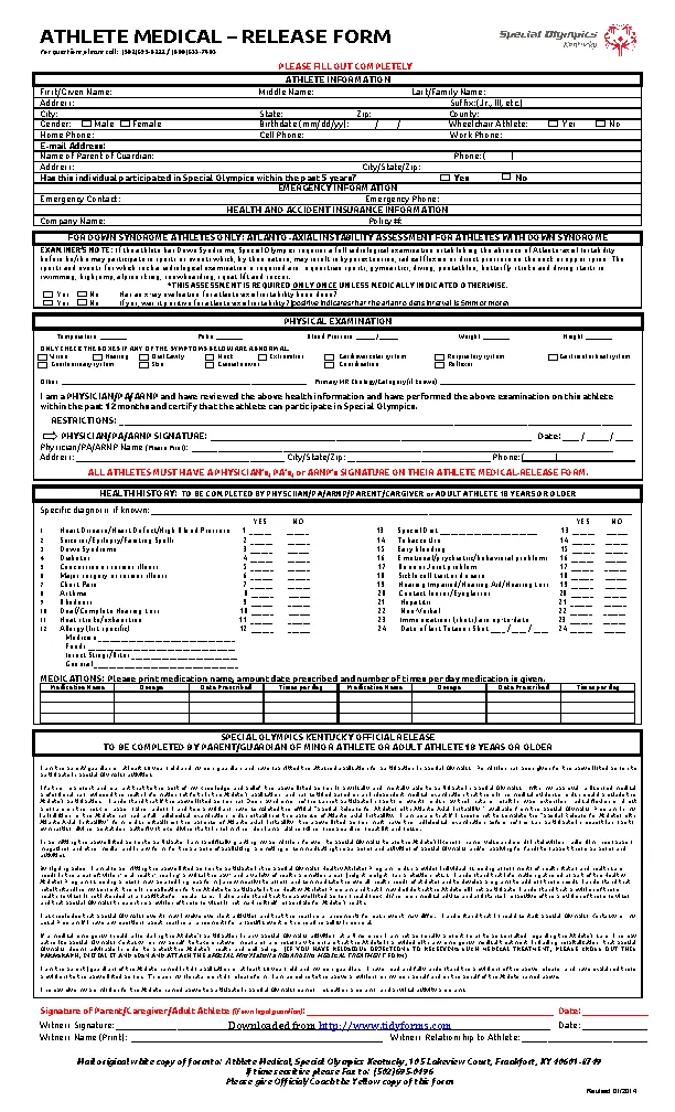 Kentucky Athlete Medical Release Form - PDFSimpli