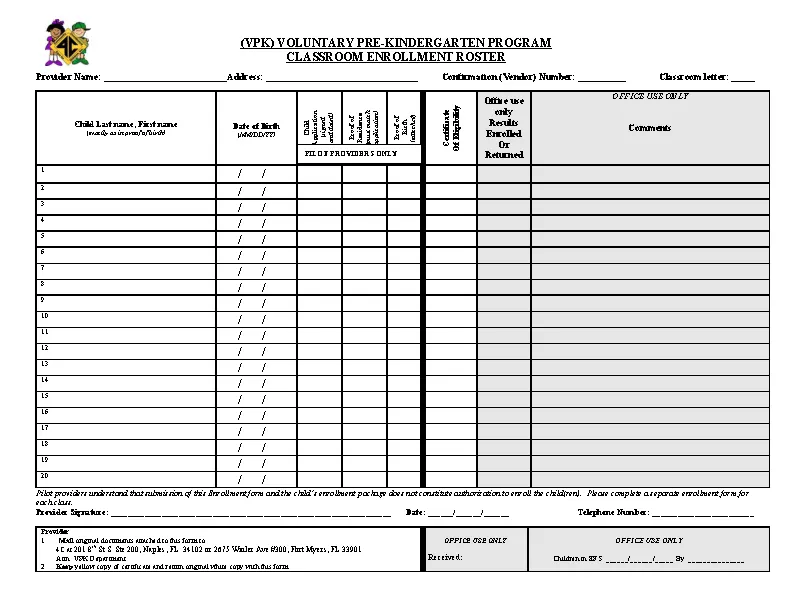Kindergarten Class Roster Template - PDFSimpli