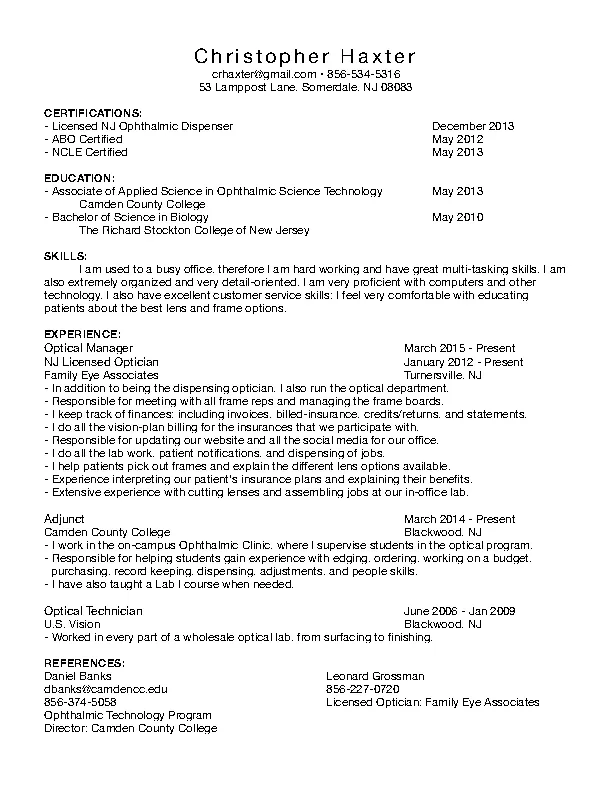 Licensed Optician Resume - PDFSimpli