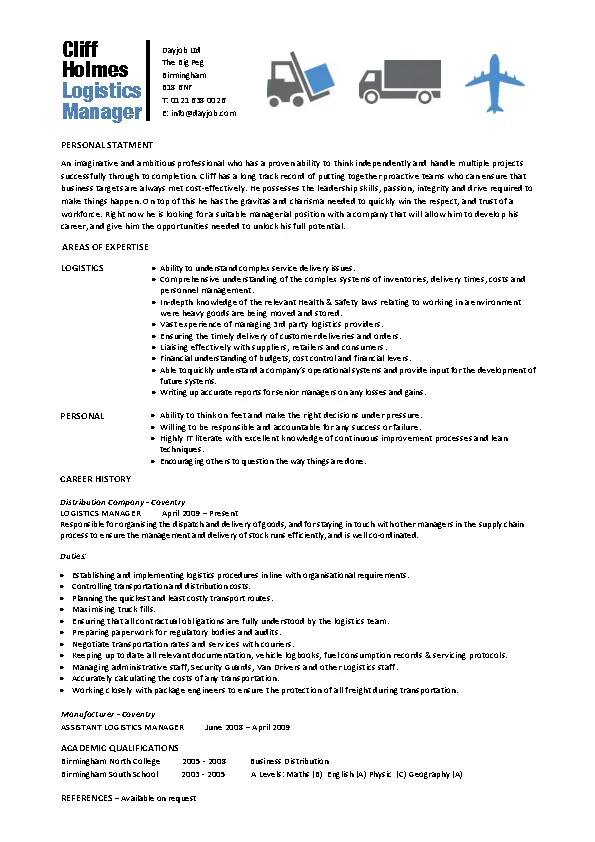 Logistics Manager Cv Template - PDFSimpli