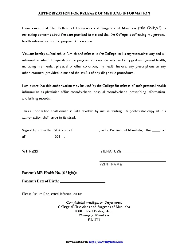 Manitoba Authorization For Release Of Medical Information Form - PDFSimpli