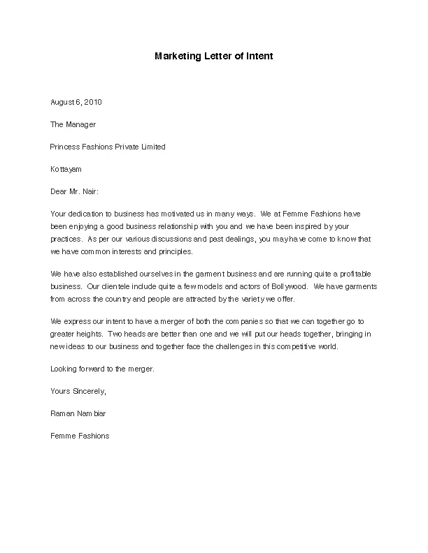 Marketing Letter Of Intent - PDFSimpli