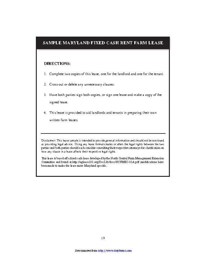 Maryland Fixed Cash Rent Farm Lease Form - PDFSimpli