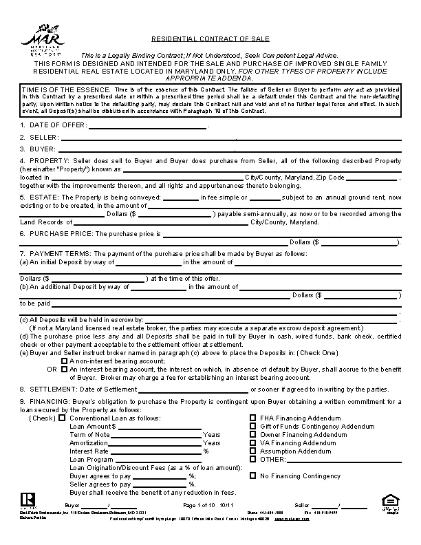 Maryland Residential Contract Of Sale Form - PDFSimpli