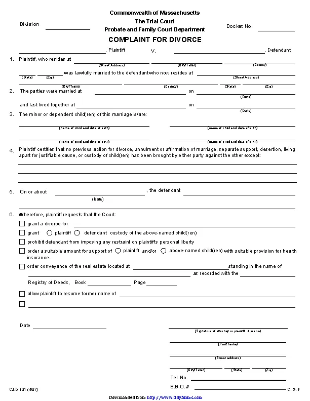 Massachusetts Complaint For Divorce - PDFSimpli
