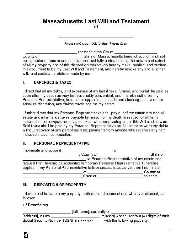 Massachusetts Last Will And Testament Template PDFSimpli