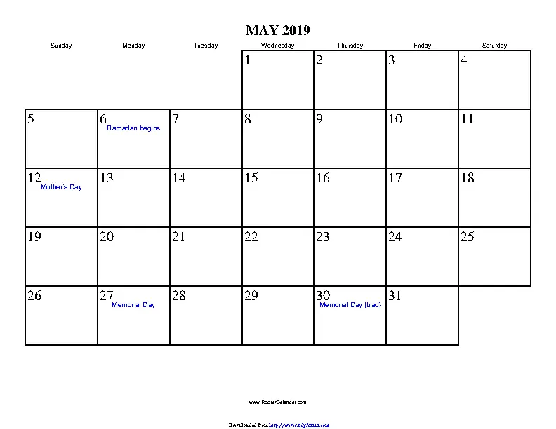 May 2019 Calendar 1 - PDFSimpli