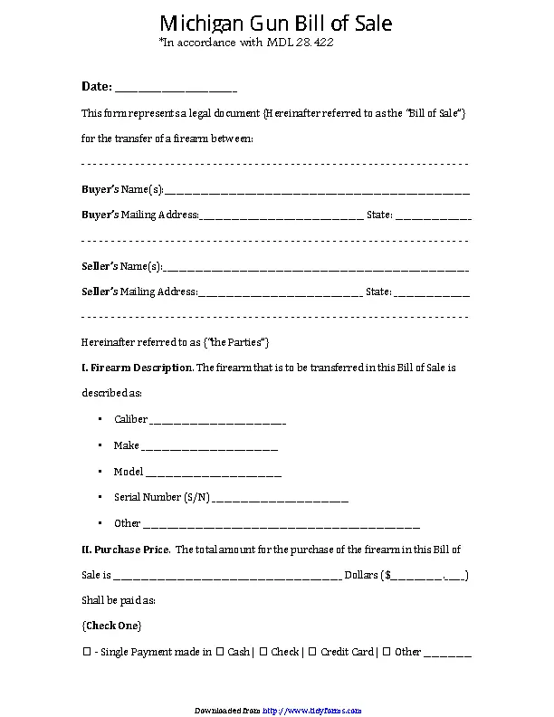 Michigan Gun Bill Of Sale - PDFSimpli