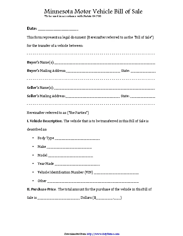 Minnesota Motor Vehicle Bill Of Sale - PDFSimpli