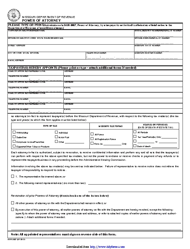 Missouri Tax Power Of Attorney Form - PDFSimpli