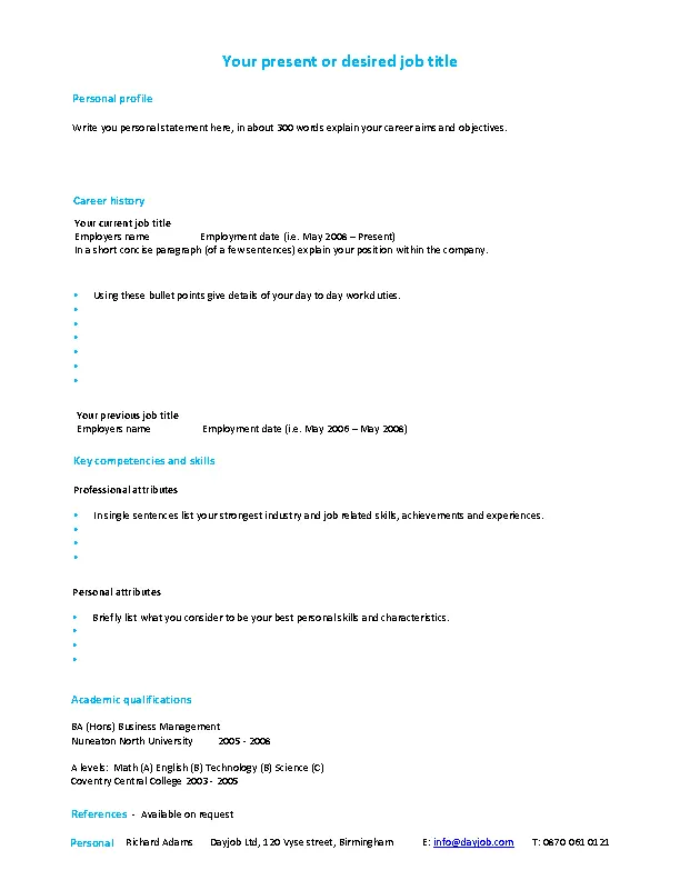 Modern Looking Single Page Blank Cv Design Template - PDFSimpli