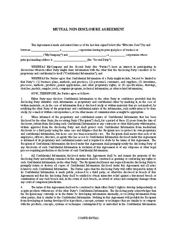 Mutual Non Disclosure Agreement Template - PDFSimpli