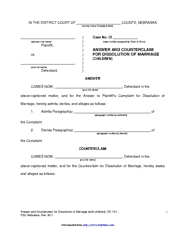 Nebraska Answer And Counterclaim For Dissolution Of Marriage Children ...