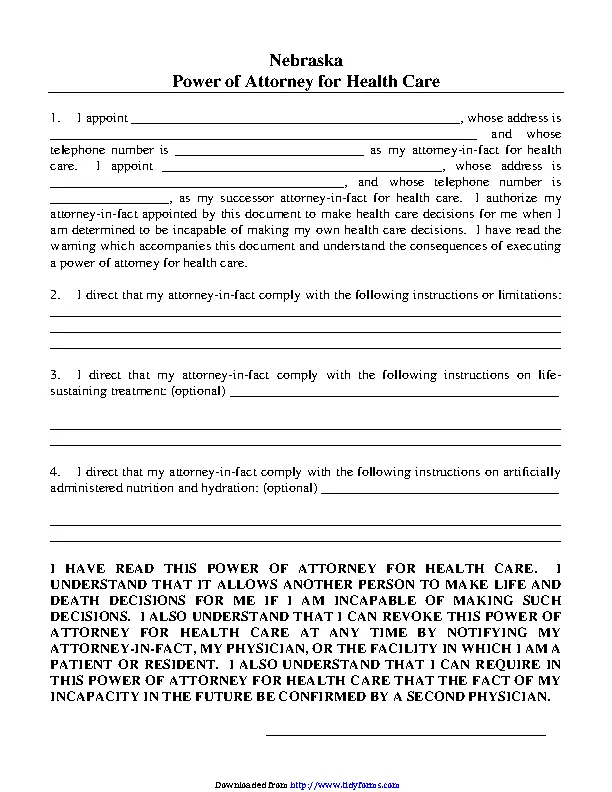 Nebraska Power Of Attorney For Health Care Form - PDFSimpli