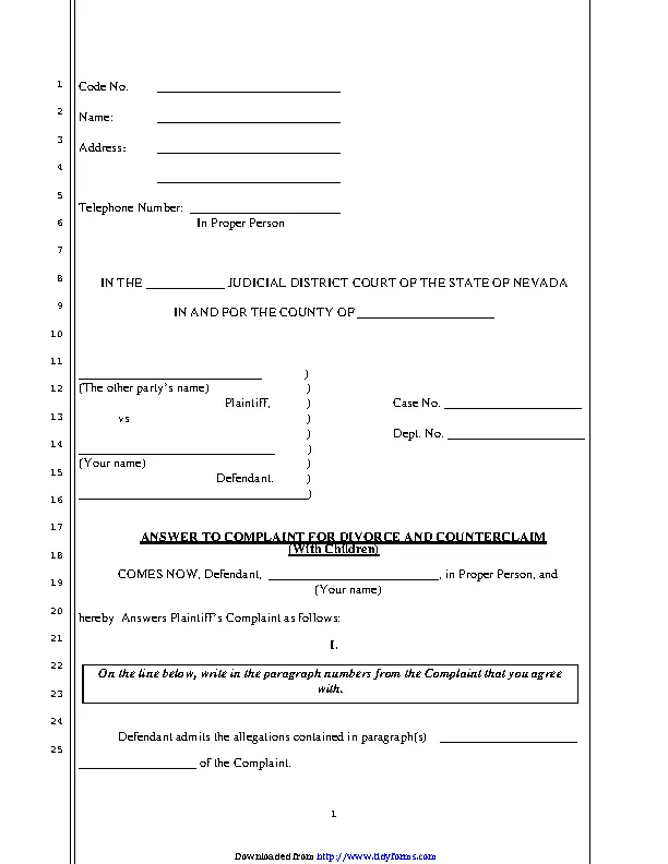 Nevada Answer To Complaint For Divorce And Counterclaim With Children ...